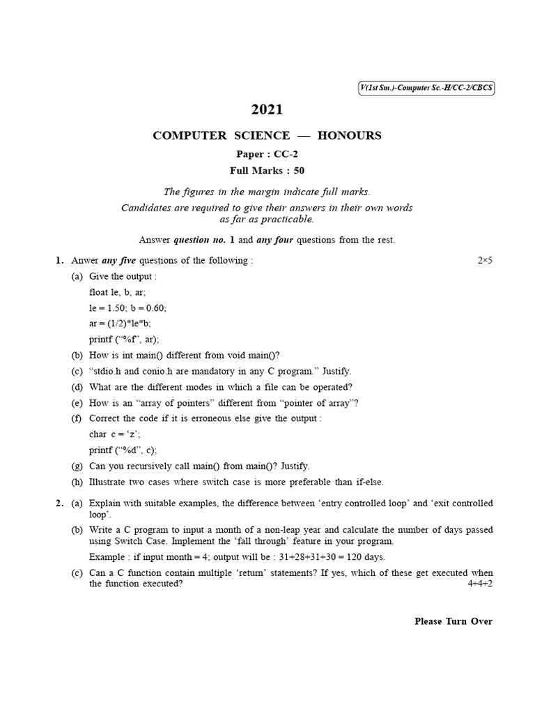 CU-2021 B.sc. (Honours) Computer Science Semester-1 Paper-CC-2 QP | PDF | Control Flow ...