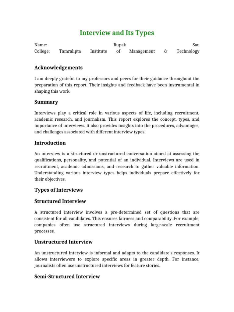 Expanded Interview And Its Types Report Rupak Sau Pdf Interview