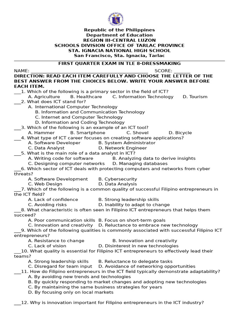 TLE 8 Dressmaking Exam Questions | PDF | Decimal | Entrepreneurship