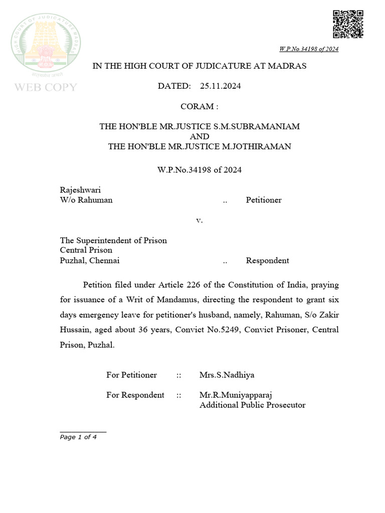 Writ Petition Order No.34198 of 2024 | PDF | Coram Nobis | Separation ...