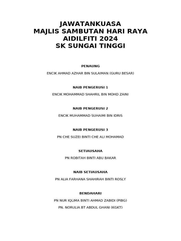 Ajk Sambutan Hari Raya 2024 SG Tinggi | PDF