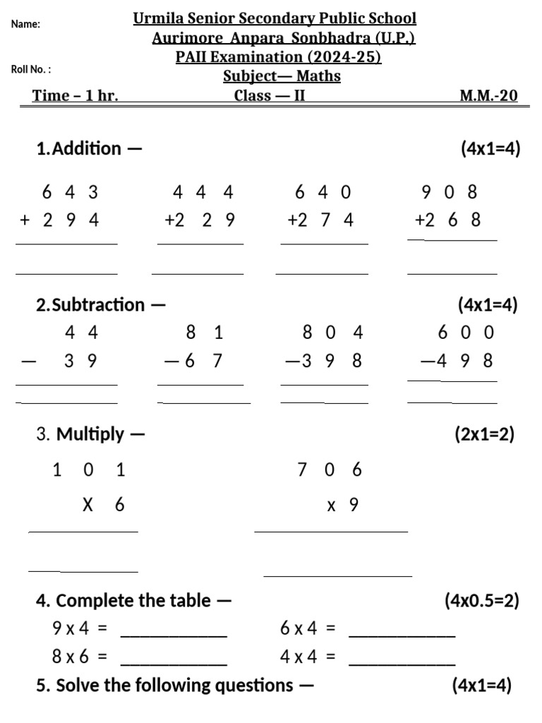 Class II Maths PAII Exam 2024-25 | PDF