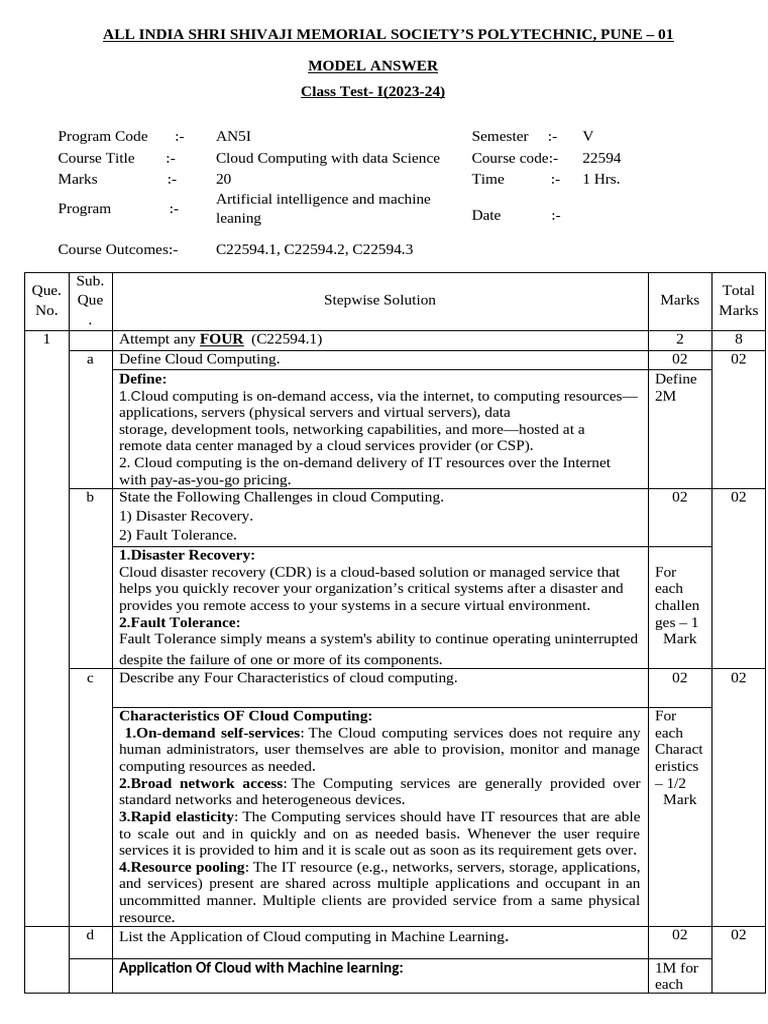 CCD CT 1 Model Answer 2022-23 | PDF | Cloud Computing | Software As A Service