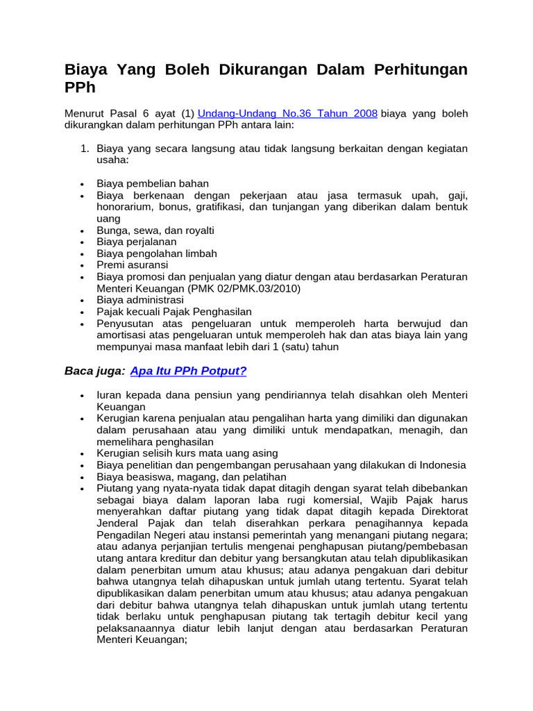Biaya Yang Boleh Dikurangan Dalam Perhitungan PPh | PDF