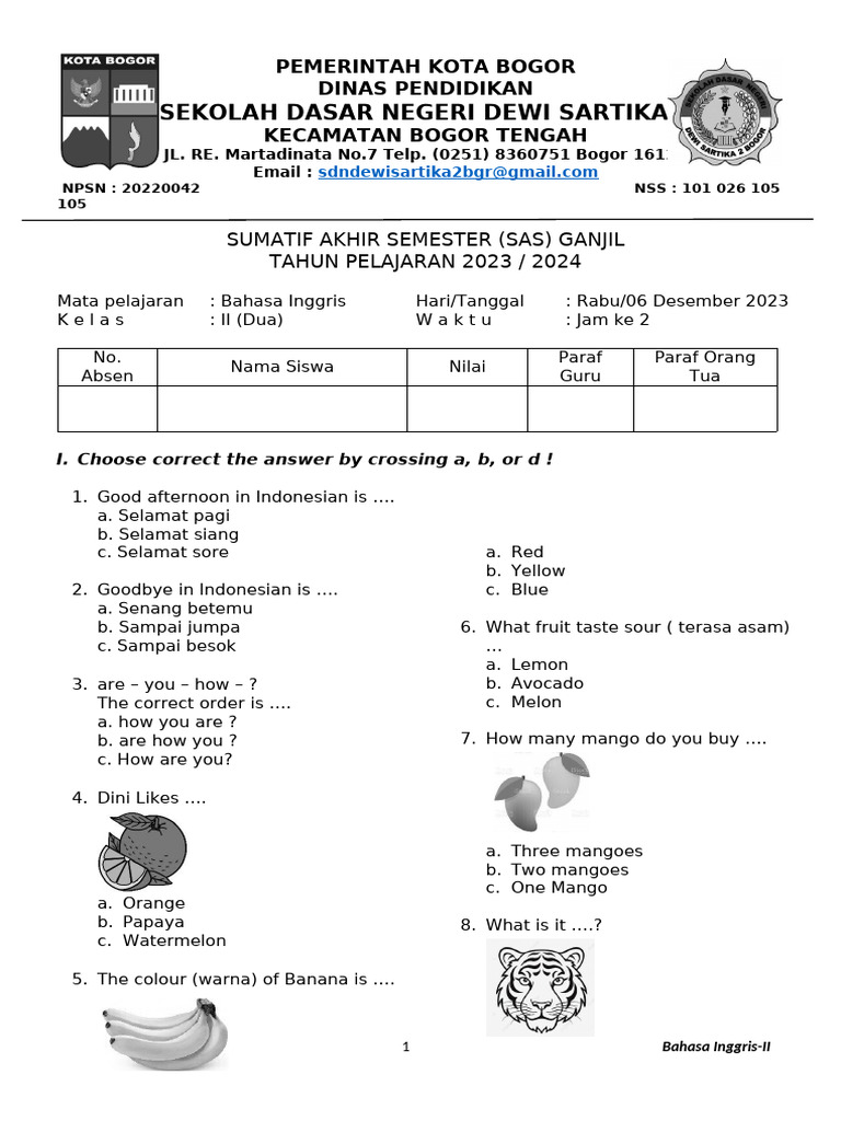 Soal Sas Ganjil Bahasa Inggris Kelas 2 | PDF | Foods | Food Ingredients