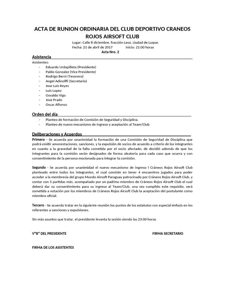Acta Reunión Cráneos Rojos Airsoft | PDF