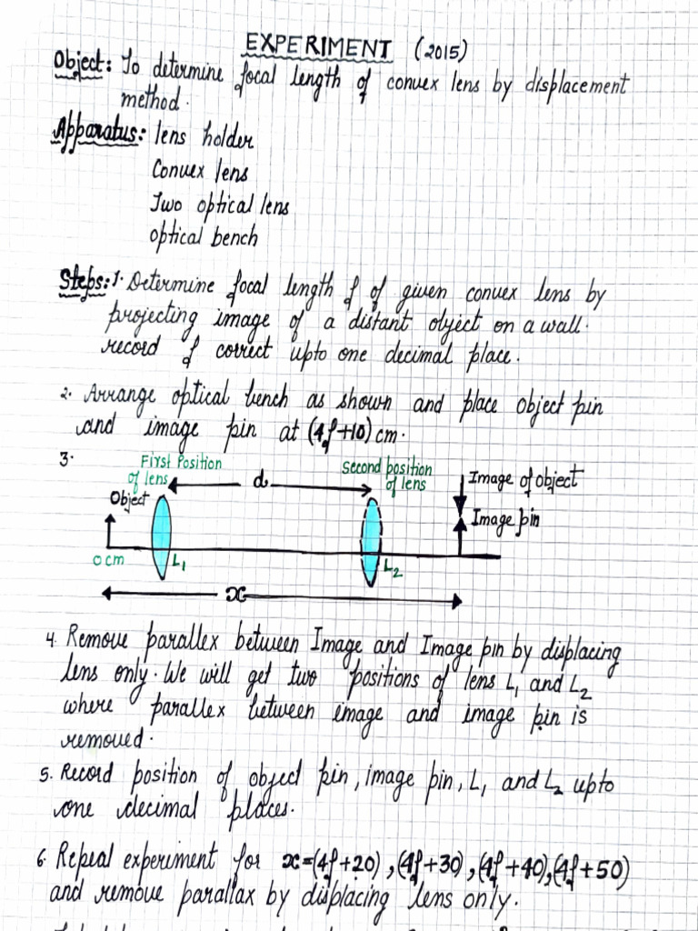 Expt-2 Focal length of convex lens using displacement method without graph | PDF | Optics | Lenses