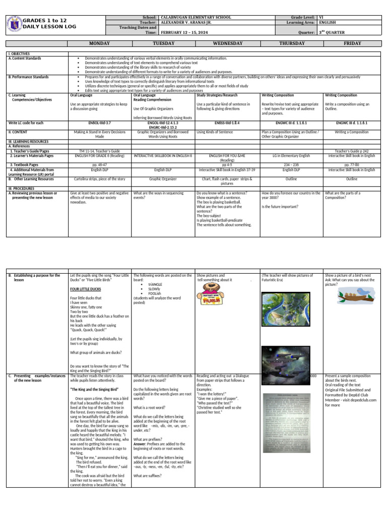 DLL_ENGLISH 6_Q3_W4 | PDF | Reading Comprehension | Linguistics