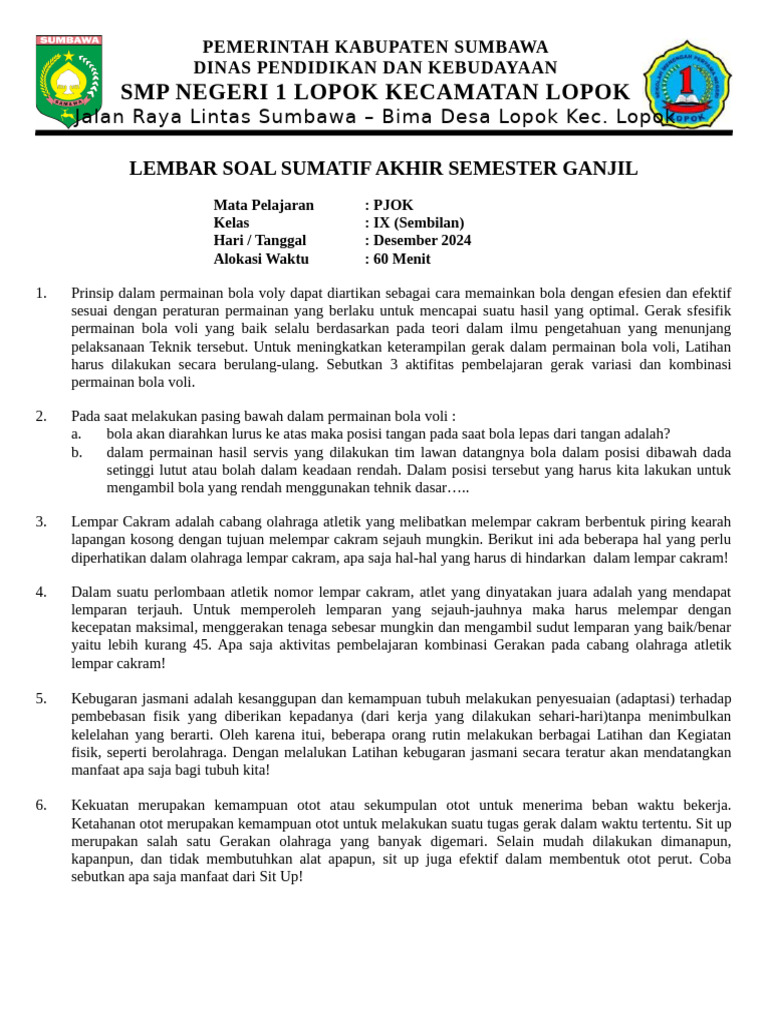 Soal Sas Semester Ganjil Final Pjok Kelas Ix 2024 | PDF