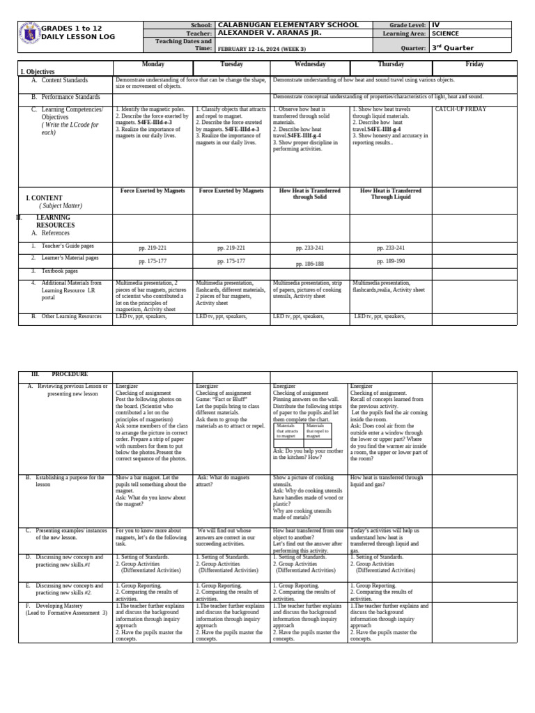 Grade 4 Science Lesson Plan: Forces & Heat | PDF | Heat | Force