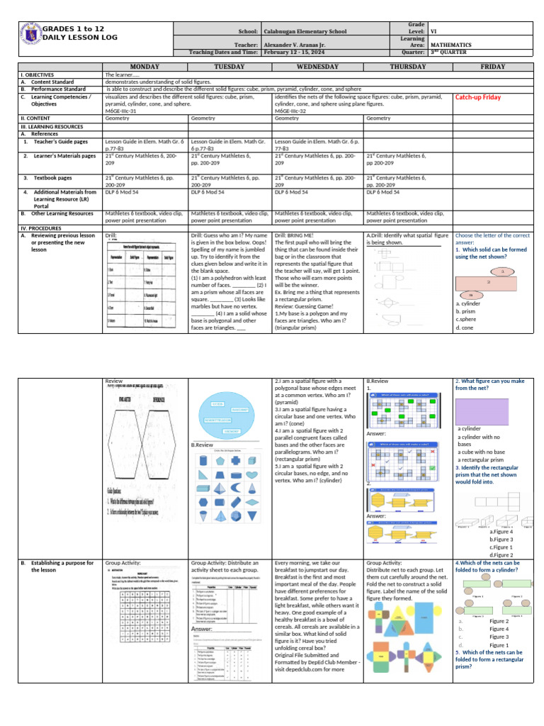 DLL_MATHEMATICS 6_Q3_W3 | PDF | Euclidean Geometry | Geometric Shapes