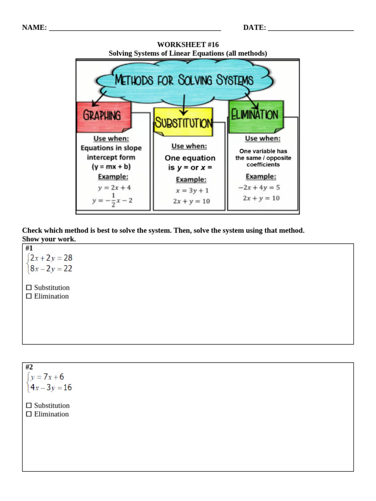 W#16 - Solving Systems (All Methods) | PDF