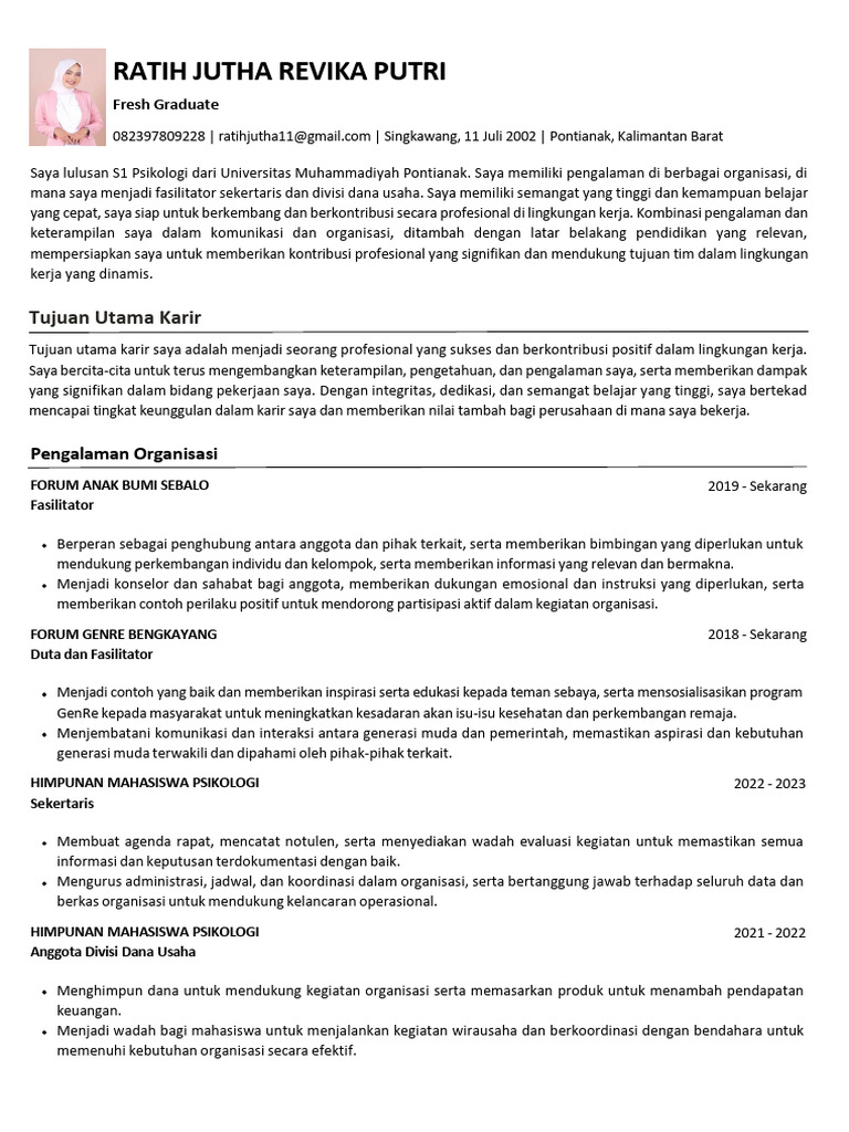 Lulusan Psikologi Berpengalaman Organisasi | PDF