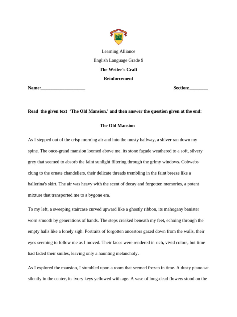 Thr Old Mansion..Reinforcement Worksheet.the Writer'SCraft. | PDF