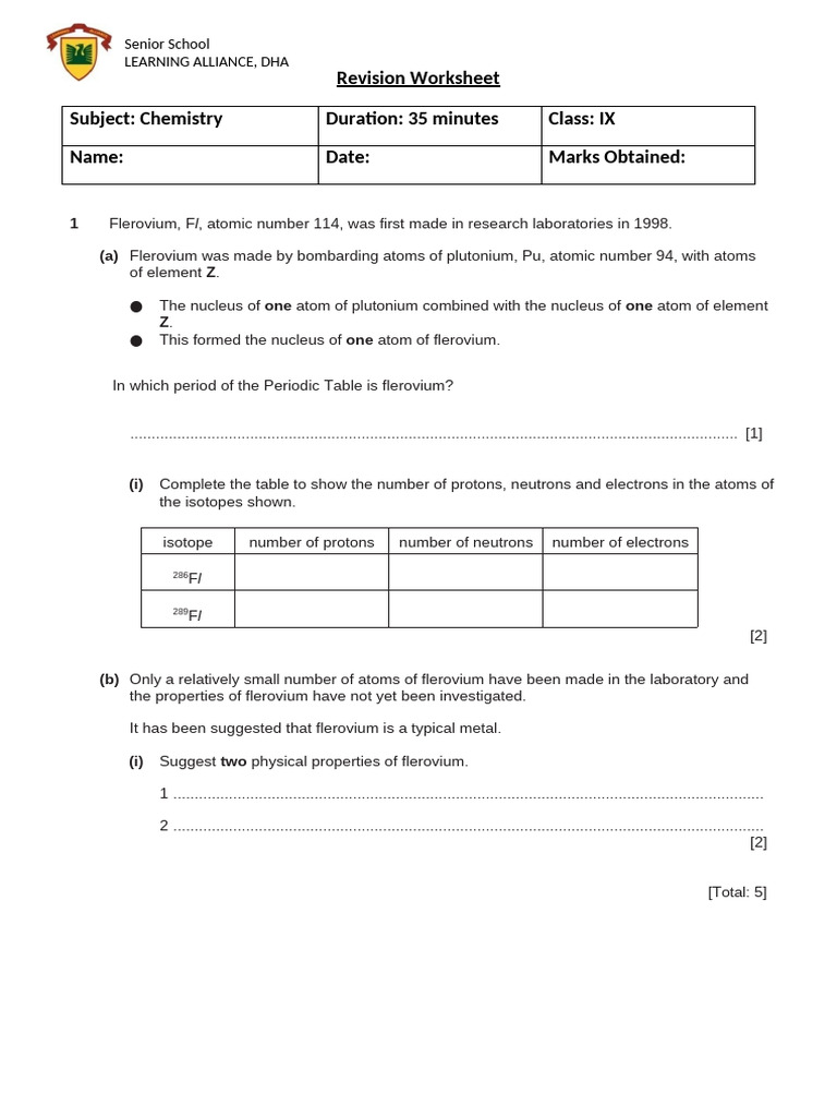Chemistry Revision Worksheet | PDF | Atoms | Proton