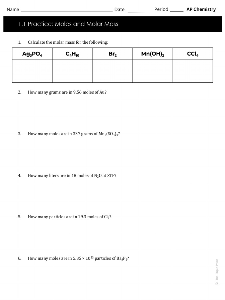 1.1 Practice: Moles and Molar Mass | PDF