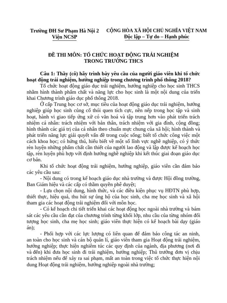 Bai thi hoat dong trai nghiem trong truong THCS | PDF