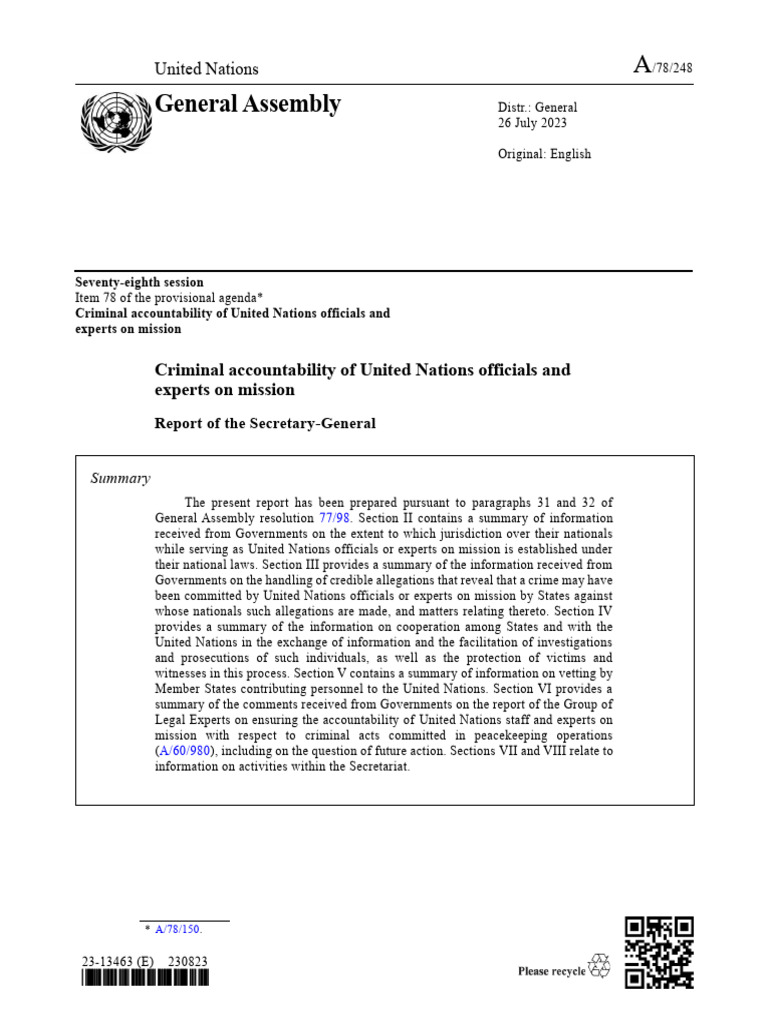 UN Criminal Accountability Report 2023 | PDF | Jurisdiction | Crime ...
