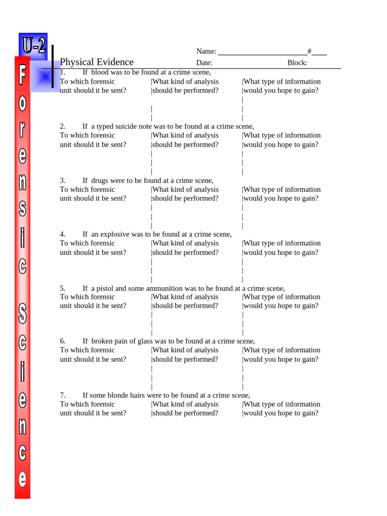 Unit 2 Physical Evidence WS | PDF | Crime Scene | Forensic Science