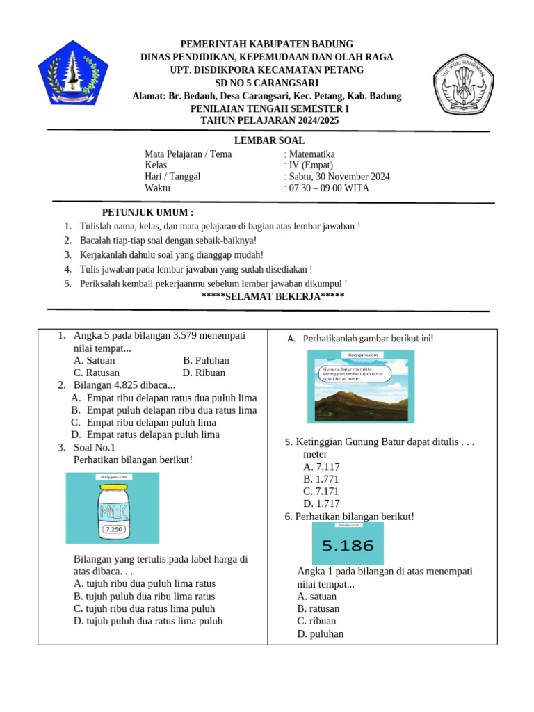 soal metematika kumer kelas 4 | PDF