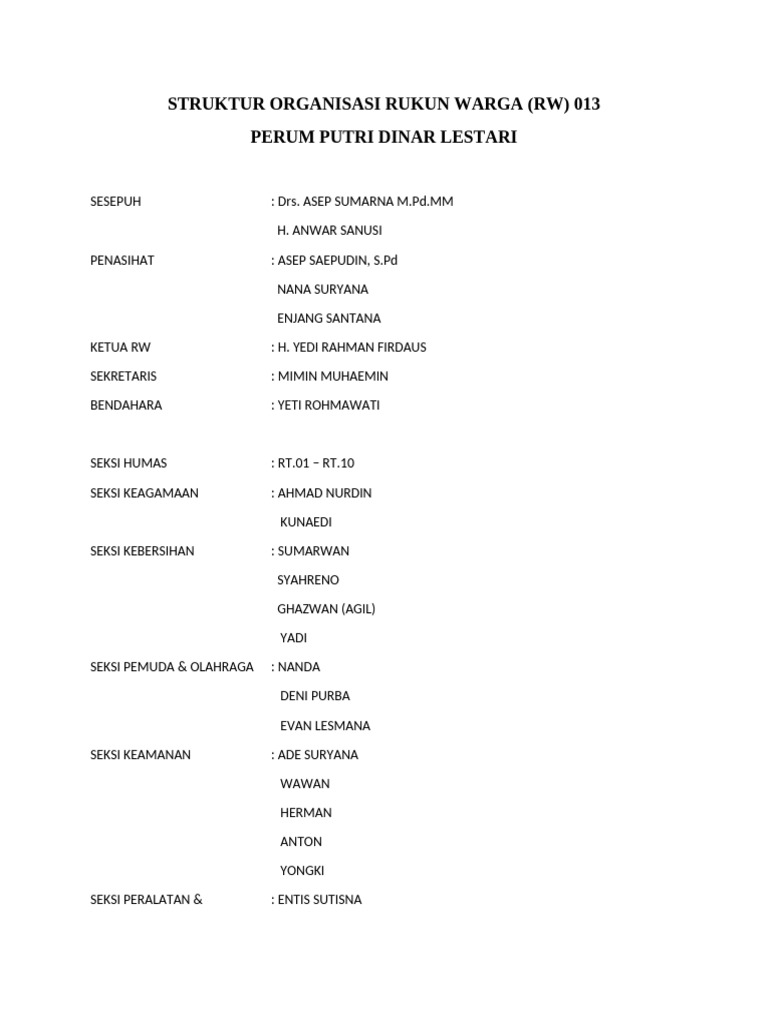 Struktur Organisasi RW 013 Perum Dinar | PDF