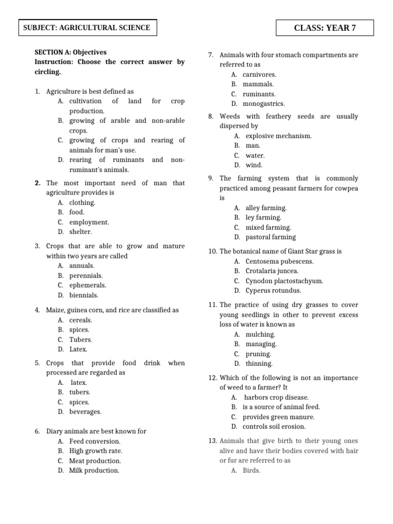 Year 7 Agric Exam Question | PDF | Agriculture | Legume