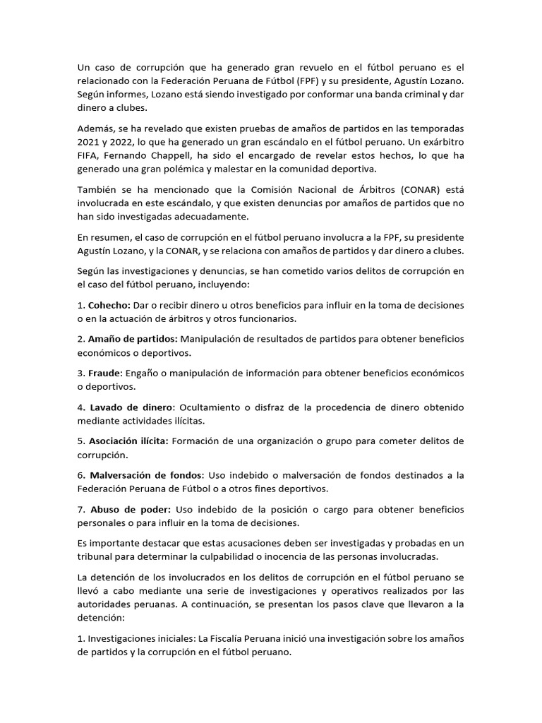 Un Caso de Corrupción Que Ha Generado Gran Revuelo en El Fútbol Peruano Es El Relacionado Con La ...