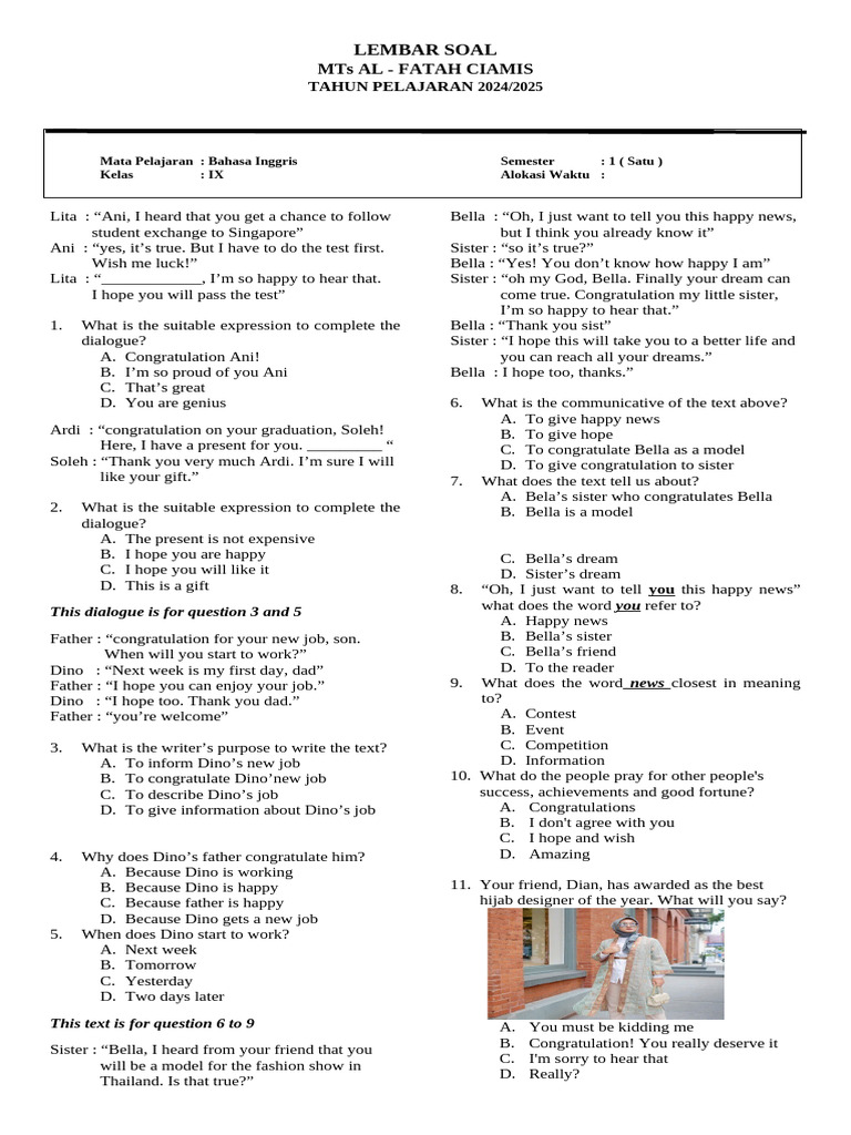 Soal PTS B Inggris Kelas Ix | PDF
