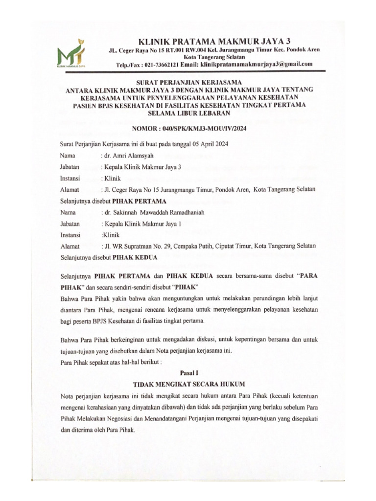 MOU PELAYANAN PASIEN BPJS KLINIK PRATAMA MAKMUR JAYA 3 | PDF