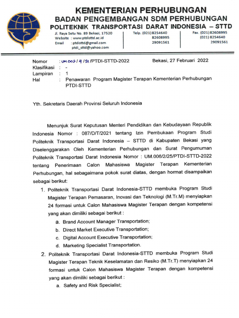 Surat Penawaran Program Magister Terapan Kemenhub PTDI-STTD Ke PEMDA | PDF