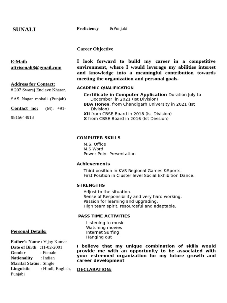 Sunali: Career Objective | PDF