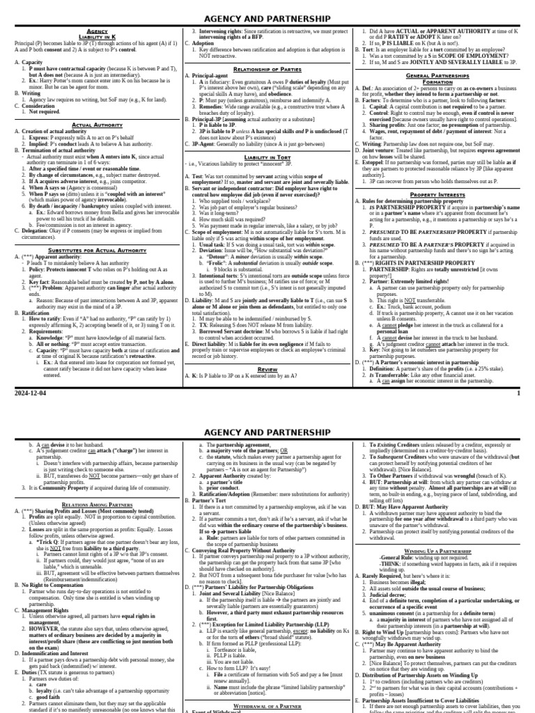 Agency & Partnership-Final | PDF | Law Of Agency | Legal Liability