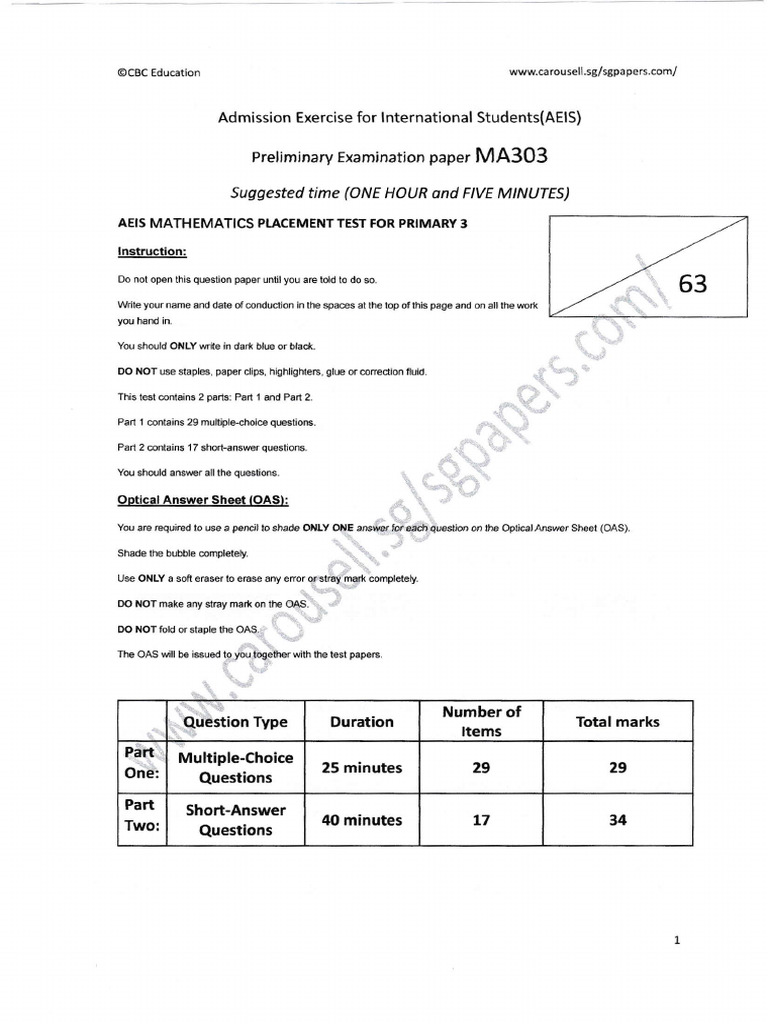 AEIS Primary 3 Math Exam Paper | PDF