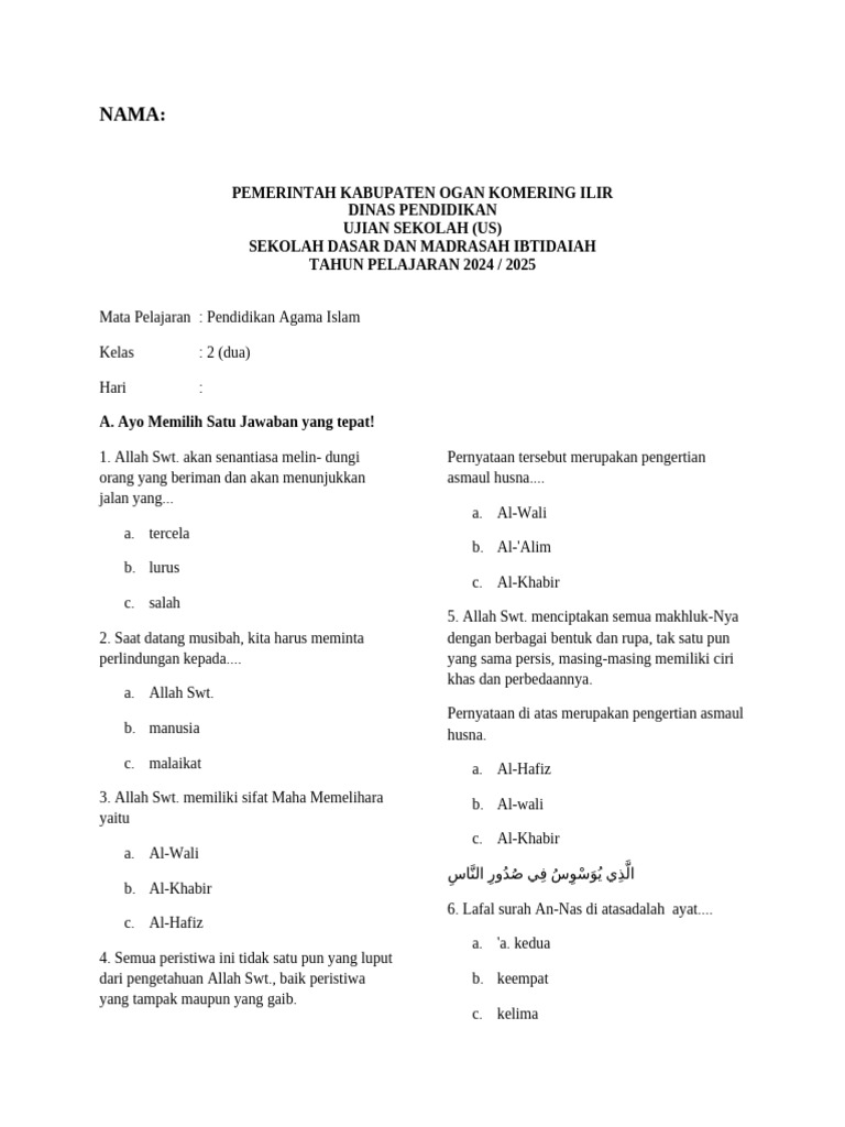Soal PAI Kls 2 TH 2024 | PDF