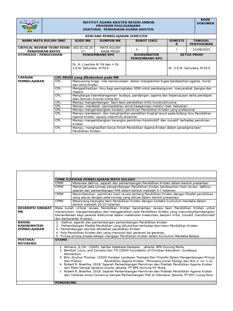 RPS Critival Review Teori Pendidikan Kristen Sem Genap 2024 2025 | PDF