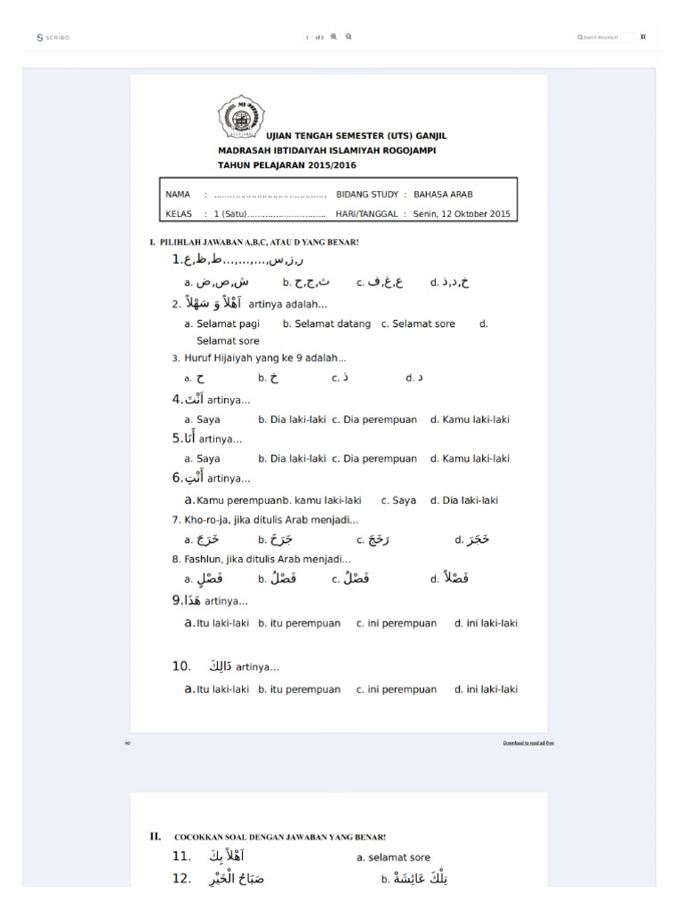 Screencapture Scribd Document 327068439 Soal UTS Bahasa Arab Kelas 1 MI 2024 12 04 11 - 29 - 12 ...