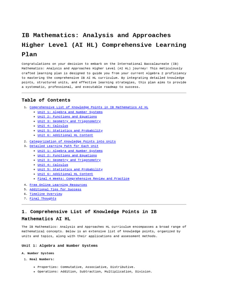 IB Mathematics - Learning Plan | PDF | Integral | Complex Number