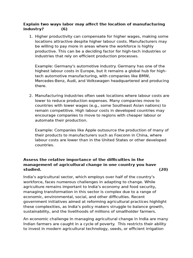 Geo Past Paper Questions and Answers | PDF | Agriculture | Labour Economics