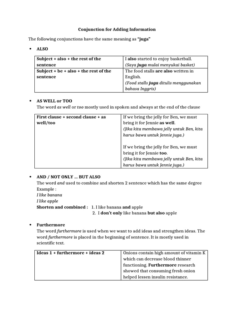 Conjunction For Adding Information | PDF | Linguistics | Syntax