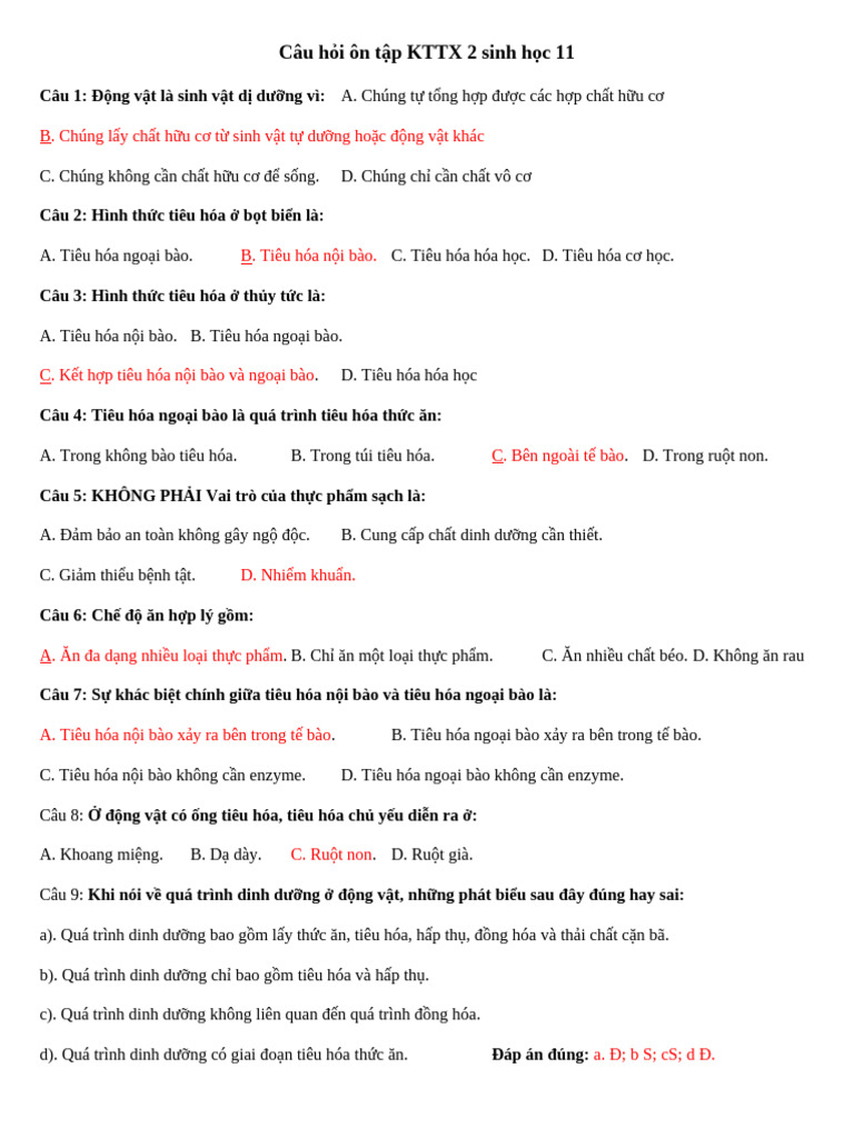 Câu Hỏi Ôn Tập KTTX 2 Sinh Học 11 | PDF