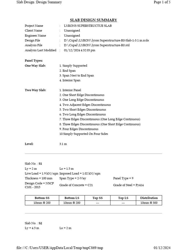 Lyron Slab Design Summary | PDF | Structural Engineering | Building ...