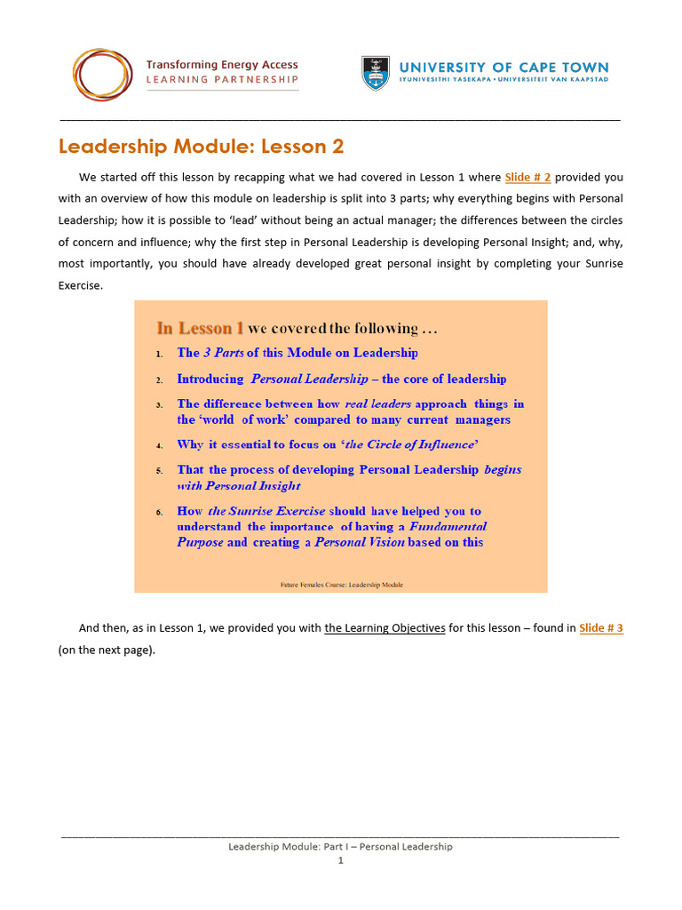 FF Leadership Module Lesson 2 Reading | PDF | Leadership | Behavioural Sciences