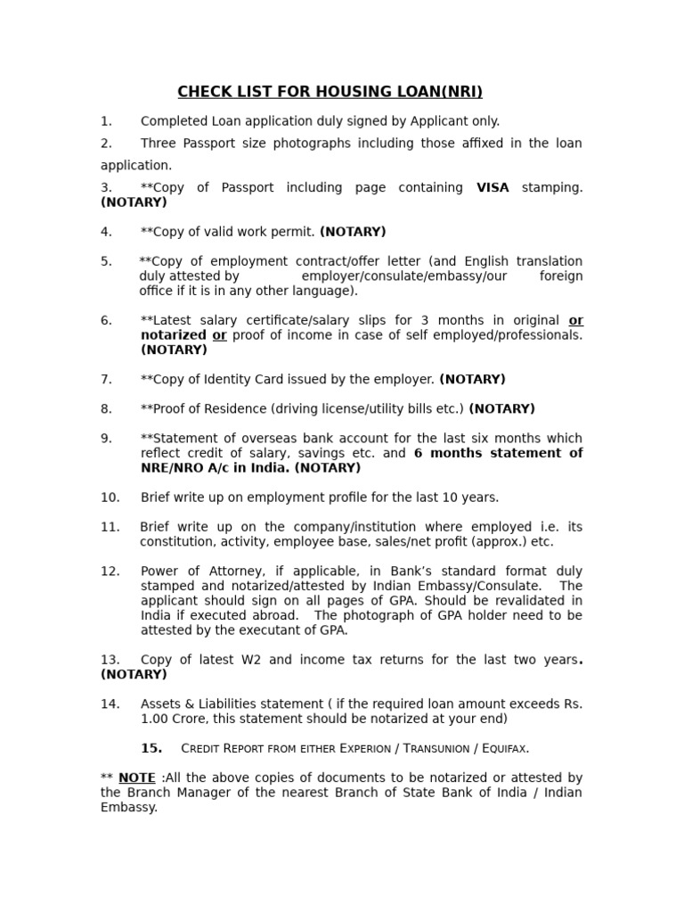 NRI Housing Loan Checklist | PDF