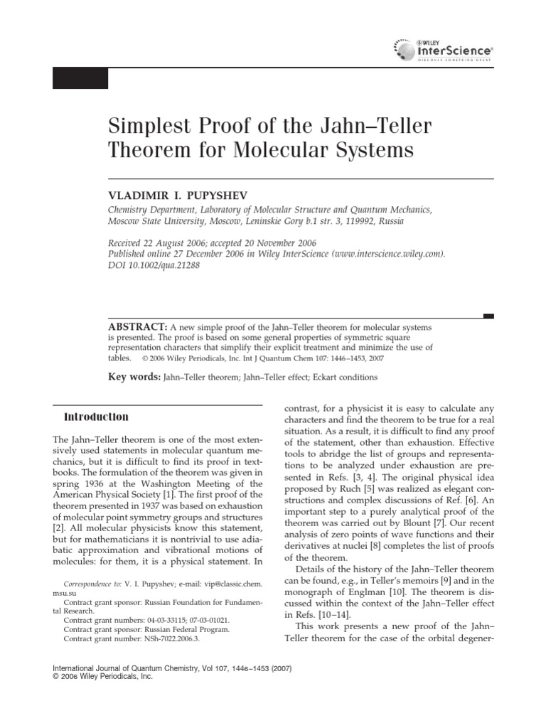 Simplest Proof of The Jahn Teller Theorem For Molecular Systems | PDF ...