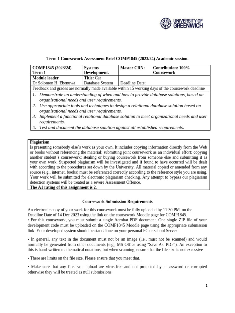 COMP 1845 Coursework Brief Part1 and Part2 2023-24 Term 1 | PDF | Databases | Sql