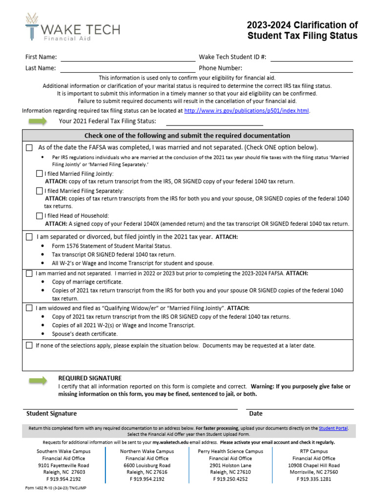 2023-2024 Clarification of Student Tax Filing Status: Check One of The ...