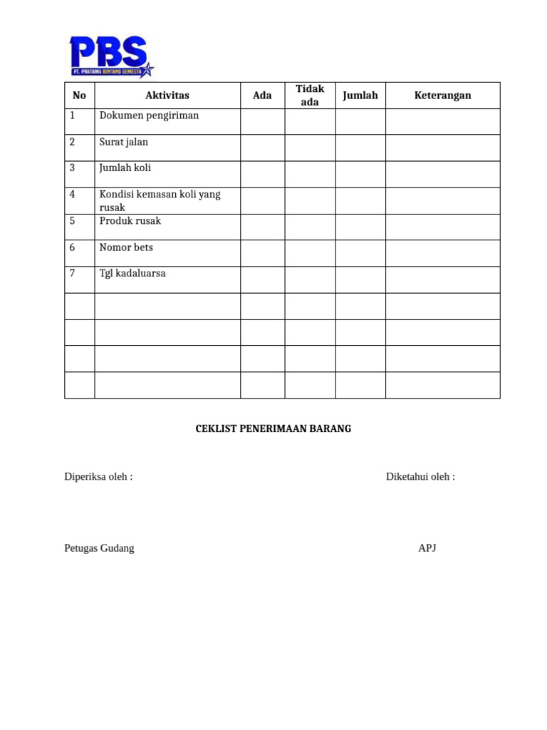 Ceklist Penerimaan Barang Gudang | PDF