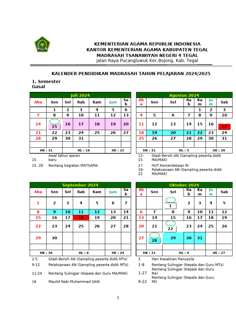Kalender Pendidikan Madrasah 2024/2025 | PDF