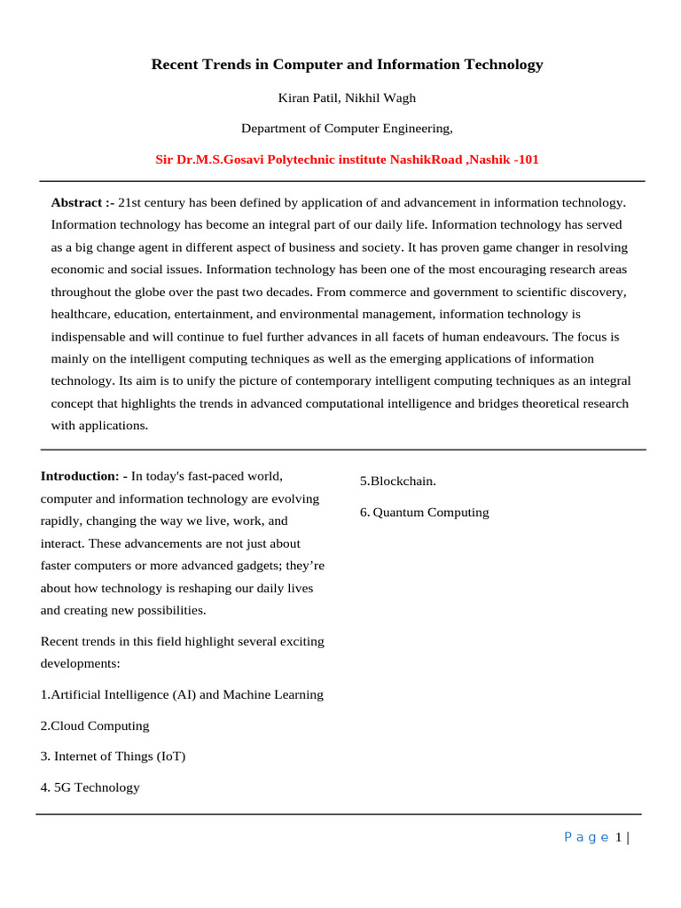 Recent Trends in Computer and Information Technology | PDF | Internet Of Things | Quantum Computing