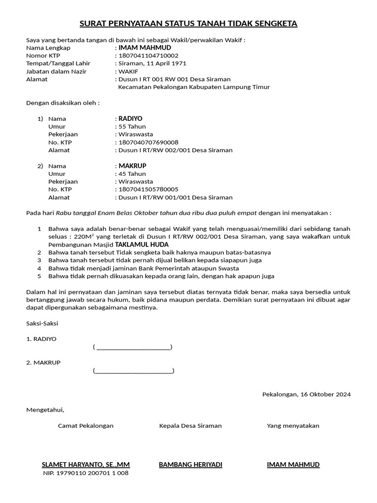 Surat Pernyataan Status Tanah Tidak Sengketa | PDF